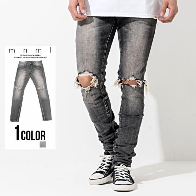 セール SALE デニムパンツ メンズ mnml ミニマル M1 DENIM STRETCH GREY 即日発送 ジーンズ ジーパン スキニーパンツ 裾ジップ ダメージ クラッシュ スリム タイト 細身 ストレッチ 伸縮性 グレー S M L ストリート BITTER系 ビター系 [17ML-AW150P]