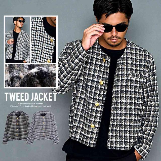ジャケット メンズ おしゃれ ノーカラー ノーカラージャケット ツイード テーラードジャケット ブルゾン アウター ブランド ショート丈 チェック ユニセックス 黒 青 M L CavariA 20代 30代 40代 秋 冬 秋服 冬服 秋冬 きれいめ 大人 服 男 男性 ファッション [CAGS24-06]