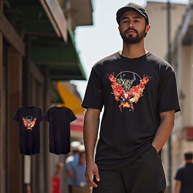 Tシャツ メンズ 半袖 ブランド 半袖Tシャツ ロング丈 レディース ユニセックス フェニックス 炎 グラフィック ブラック ロック系 ストリート モード ヴィンテージ風 個性派 20代 30代 40代 NANA JUDY ナナジュディ 春 夏 夏服 春夏 ファッション [NW2112]