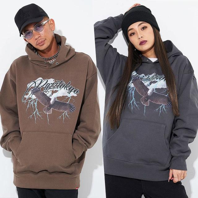 パーカー メンズ イーグル フーディー トップス プルオーバー 長袖 イーグル プリント ヴィンテージ加工 ブラウン チャコール RAZZIS ラズ ユニセックス ストリート カジュアル M L XL 春 即日発送 [RZFI21-03]