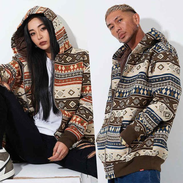 パーカー メンズ ネイティブ柄 ジップアップ トップス ブラウン オレンジ ブルー RAZZIS ラズ ユニセックス ストリート カジュアル M L XL BITTER系 ビター系 春 即日発送 [RZPG20-48]