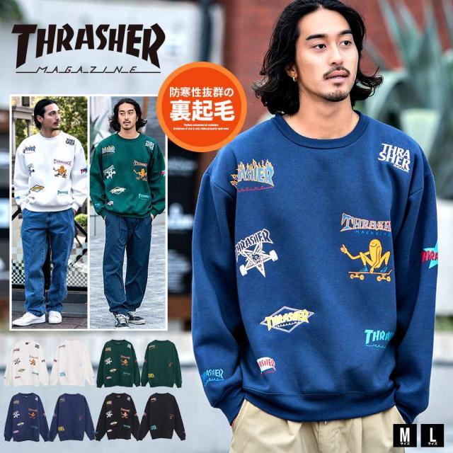 トレーナー メンズ 裏起毛 暖かい ブランド おしゃれ 大きいサイズ 長袖 スウェット スエット トップス クルーネック ロゴ 総柄 グラフィック プリント 刺繍 オーバーサイズ ゆったり ストレッチ 伸縮 ユニセックス 白 黒 THRASHER 服 秋 冬 メンズファッション [TH25AW13]