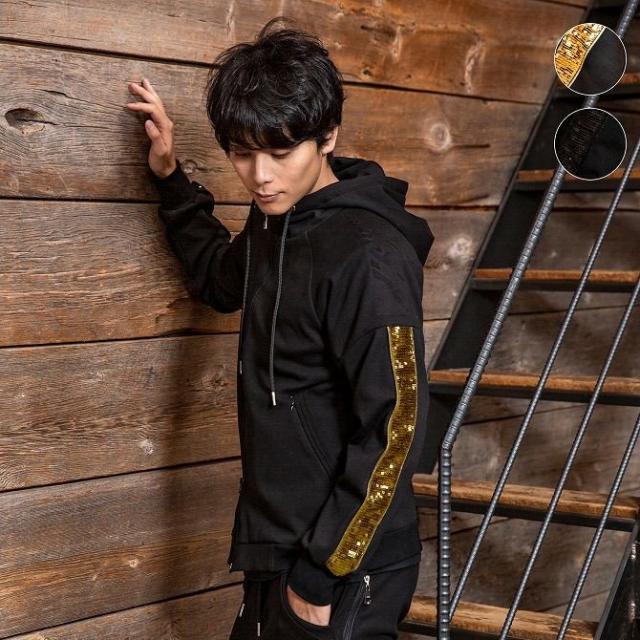 【SAL40%OFF】AKM Contemporary エイケイエム ポンチ スパンコール ライン パーカー ジャージ メンズ トップス 部屋着 ルームウェア men's ギフト プレゼント おしゃれ 誕生日