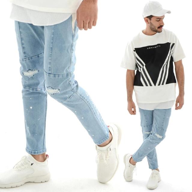 大きいサイズ 3L 4L 5L ストレッチ ペンキ加工両膝ダメージデニムスキニー ジーンズ ビッグサイズ サックス ブルー インディゴ 淡色 男性 パンツ カジュアル ストリート