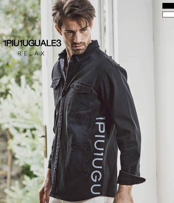 SALE セール 1PIU1UGUALE3 RELAX(ウノピゥウノウグァーレトレ)ロゴプリントダメージデニムシャツ メンズ カジュアル スポーティ ストレッチ トップス アウター 春夏 ブラック 黒 ホワイト 白 ロゴ クラッシュ おしゃれ スリム 細身 ブランド XL XXL 3L