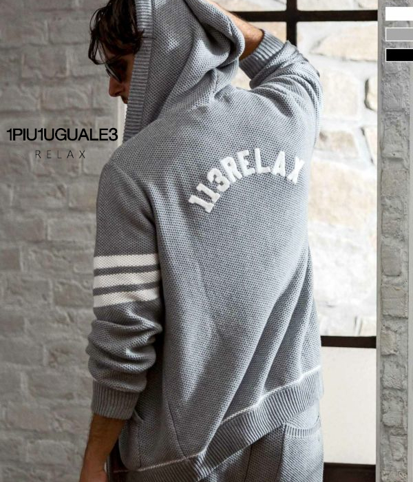 1PIU1UGUALE3 RELAX ウノピゥウノウグァーレトレ リラックス 鹿の子ニットパーカー メンズ フーディ ジップ ロゴ カジュアル ルームウェア 部屋着 春夏