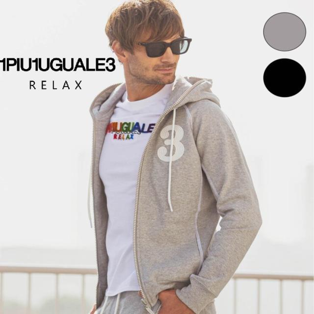 1piu1uguale3 RELAX ウノピュウノウグァーレトレ ラインストーンジップ刺繍ロゴスウェットパーカー スエットパーカー メンズ カジュアル トップス ブラック