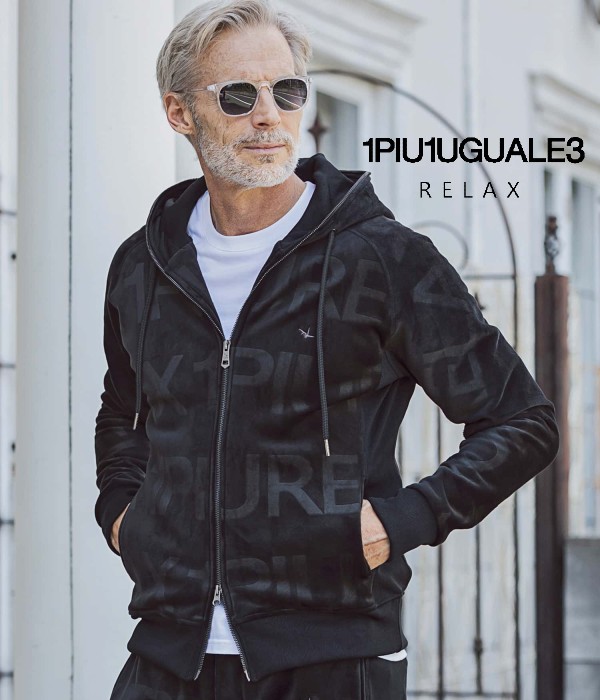 1PIU1UGUALE3 RELAX ウノピゥウノウグァーレトレ エンボスロゴベロアパーカー ジップフーディー カジュアル ラグジュアリー ルームウェア ブランド
