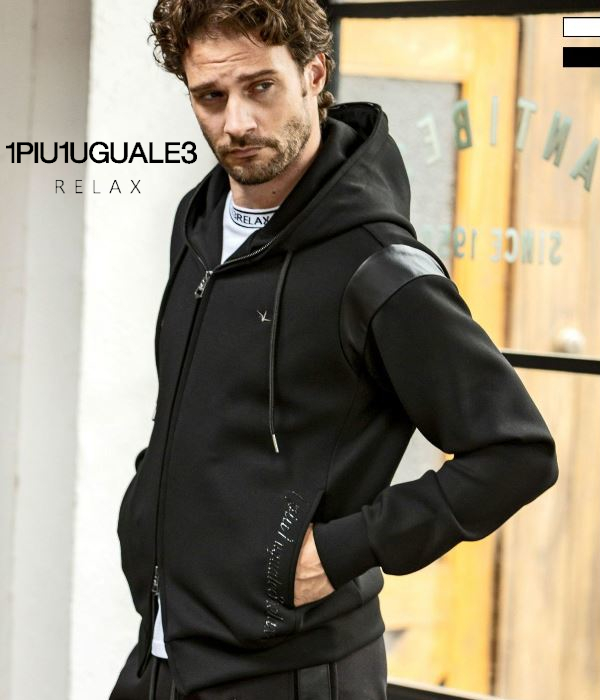 1PIU1UGUALE3 RELAX ウノピゥウノウグァーレトレ リラックス レザーラインポンチパーカー メンズ フーディ 羊革 ジャージ カジュアル スポーツ