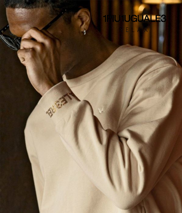 1PIU1UGUALE3 RELAX ウノピゥウノウグァーレトレ リラックス ラインストーンカフスウェットクルーネックプルオーバー メンズ トレーナー カジュアル スポーツ