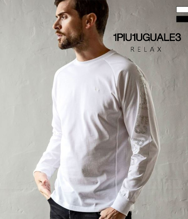 1PIU1UGUALE3 RELAX ウノピゥウノウグァーレトレ リラックス ラインストーンロゴTシャツ 長袖 カットソー メンズ ロンT カジュアル 男性
