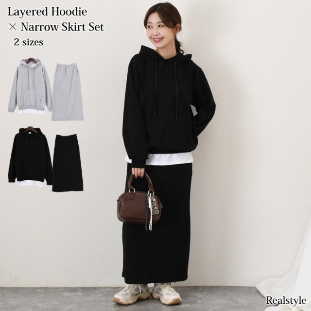 新作 セットアップ レディース カジュアル 秋 冬 長袖 パーカー スカート ロング タイト スウェット スエット トップス ボトムス 上下セット