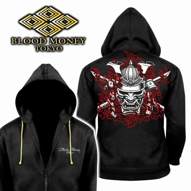 パーカー メンズファッション BLOOD MONEY TOKYO MBT-21010 和柄 侍 鎧武者 黒×白 赤 オラオラ系 ヤンキー ジャケット 上着 服 ヤクザ ブランド 胸刺繍 フード付き 長袖 ライダース バイク乗り ギャング チカーノ B系 HIPHOP系 バイカー 悪党の店 バースジャパン BIRTHJAPAN
