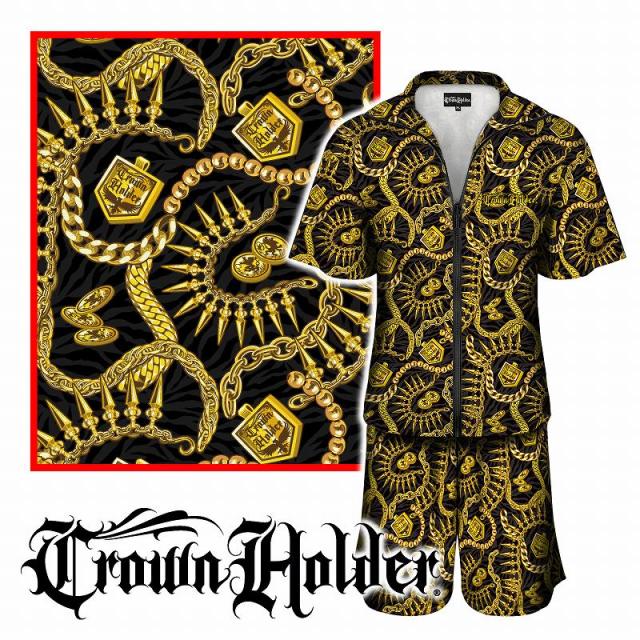 半袖 セットアップ ジャージ (半袖+半ズボン) CH-012 黒 クロコチェーン 総柄 バロック柄 服 CROWN HOLDER クラウンホルダー ギャング ダンス B系 HIPHOP系 チカーノ メンズ ファッション ヤクザ ヤンキー オラオラ系 派手