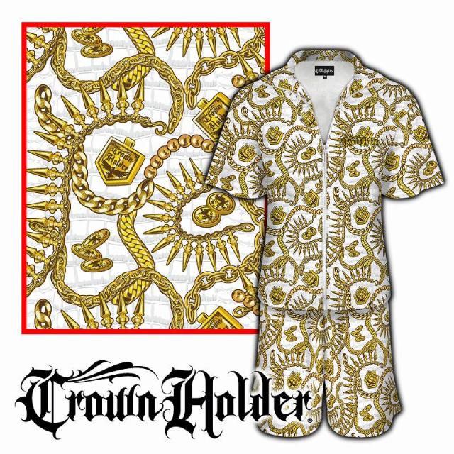半袖 セットアップ ジャージ (半袖+半ズボン) CH-013 白 クロコチェーン 総柄 バロック柄 服 CROWN HOLDER クラウンホルダー ギャング ダンス B系 HIPHOP系 チカーノ メンズ ファッション ヤクザ ヤンキー オラオラ系 派手