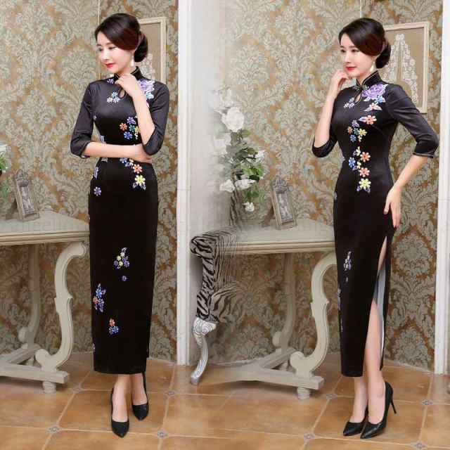 新登場 ブラック 生活快適特集 品質安心 SNS話題 チャイナドレス 長袖 ベルベット 花柄 ロング チャイナ服 披露宴 今だけ 大きいサイズ お買い得プライス