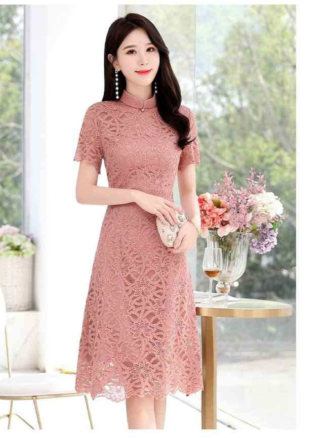 人気急上昇 レディース 秋の新作特集 毎日使える便利品 ハーフスリーブ 袖あり ひざ丈 総レースチャイナ風ワンピース 半袖 ポリエステル 透け感 ハイネック 在庫わずか Aライン SNS話題 膝下 フレア か お買い得プライス