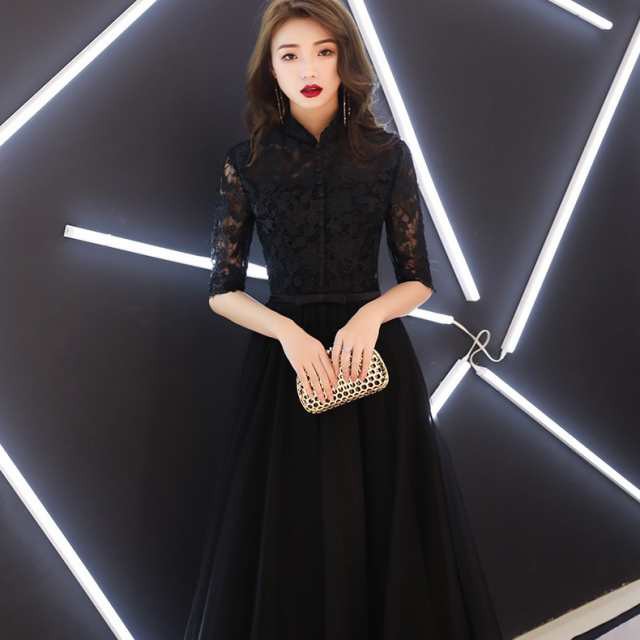 人気急上昇 数量限定入荷 ロングドレス黒ワンピースシースルーレースハイネックスタンドカラー半袖五分袖パーティードレスブラック20代30代40代結婚 家中時間充実化 店長太鼓判 在庫わずか SNS話題