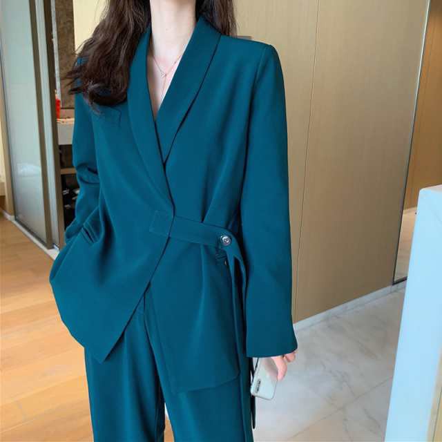 即納OK レビュー高評価 多機能デザイン サイドベルト レディース 生活快適特集 春 秋 無地 3色 ベージュ 青 黒 長袖 センタープレス ジャケット 今だけ セットアップ アシンメトリー スーツ パンツ 送料無料 冬物