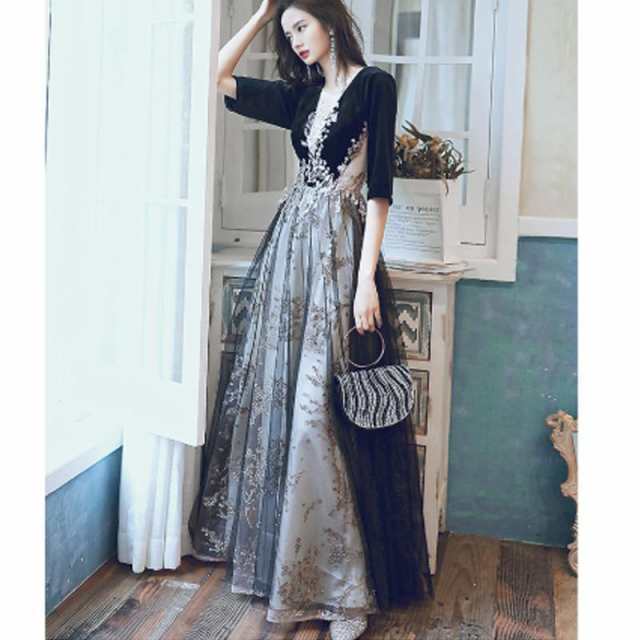 おしゃれ 軽量仕様 季節限定アイテム 店長太鼓判 大人 ドレス 演奏会 Vネック 黒 二次会 発表会 上品 ロングドレス 結婚式 パーティードレス 誕生日 エレガント SNS話題 送料無料 クリスマス