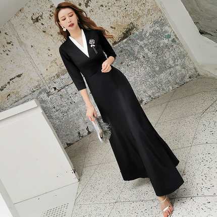 レビュー高評価 新登場 家中時間充実化 毎日使える便利品 ドレス ビジュー 袖あり カッコイイ ロング 個性的 スレンダー スーツ風 お呼ばれ 黒 ワンピース 二次会 パーティードレス 結婚式 無地 在庫わずか お買い得プライス