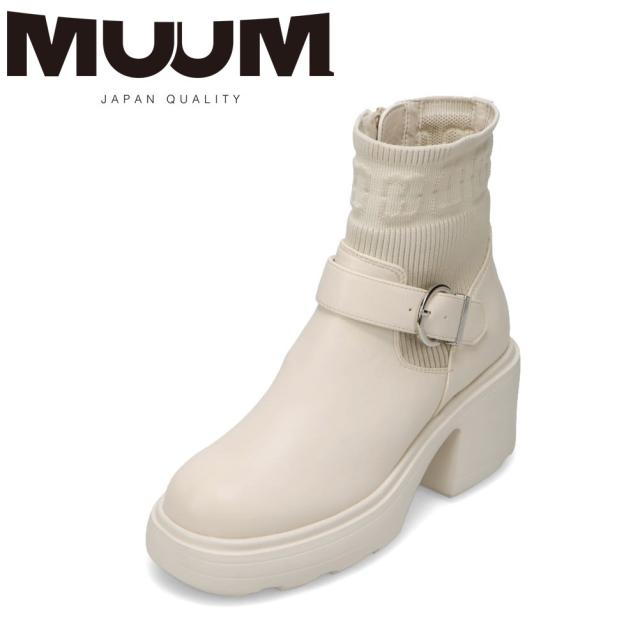 ムーム MUUM MM7451 レディース靴 靴 シューズ 2E相当 ブーツ ショート エンジニア ニット ソックス 厚底 ファスナー ジッパー チャック ベルト バックル 金具 柔らかい アイボリー