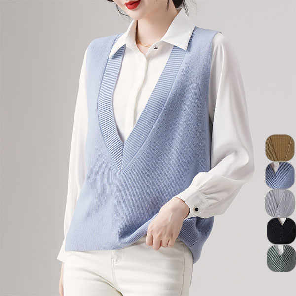 ニットベスト レディース セーター 秋冬 トップス ジレー vネック ウール ノースリーブ ゆったり プルオーバー 無地 通勤 体型カバー