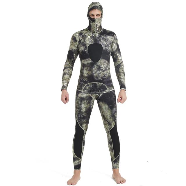5mmグリーン_M MORGEN SKY ウェットスーツ メンズ 5mm/3mm/1.5mm スピアフィッシング ツーピース 素潜り フード一体式 2ピース 上下セット ロングジョン仕様 カモ柄 表ジャージ*裏ジャージ* 裏起毛 MY012 (5mmグリーン， M)