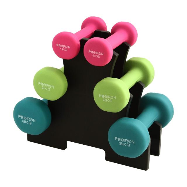 1kg+2kg+3kg(2個セット) PROIRON ダンベルセット1kg 2kg 3kg 「2個セット」ダンベルラック付 エクササイズ ネオプレンゴムコーティング 筋力トレーニング 筋トレ シェイプアップ 鉄アレイ 鉄アレー