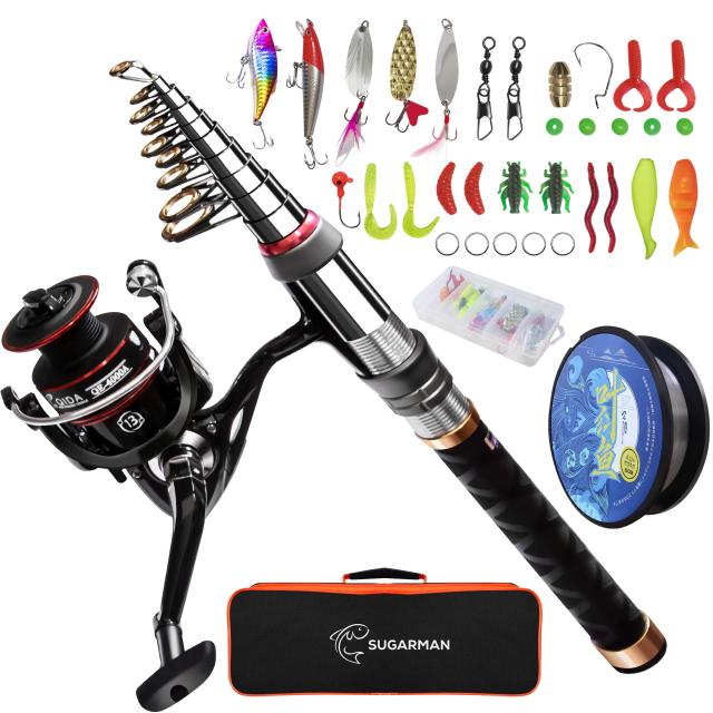 Sugarman 釣りセット 釣り竿 2.1M炭素伸縮釣竿 ロッド スピニングリール 釣り餌 釣り糸付 初心者向け つりざおセット 収納バッグと日本語説明書付き 海釣り 川釣り 穴釣り 磯釣り 堤防釣り