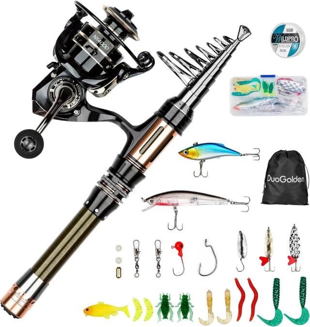 DuoGolden 釣竿セット リールセット 2.1m炭素伸縮投げ竿 初心者用 釣り入門 釣り具 カーボン ロッド 磯竿 スピニングリール 200m釣り糸 24点釣り餌 バッグ付き コンパクト 海/川/穴釣り 子供 ギフト