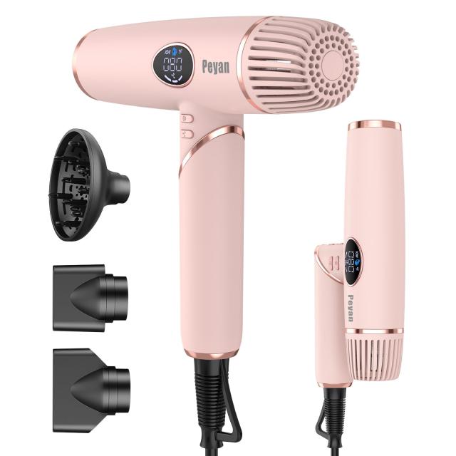Pink Slopehill 折り畳み式 ドライヤー 大風量 速乾 2000W マイナスイオン ヘアドライヤー 高速11万回転/分 HD LCD 自動クリーニング機能付き マグネット式ノズル付き 家庭用/美容師サロン用/旅行用 348g 超軽量 小型 低騒音 4段階風温 3段階風速