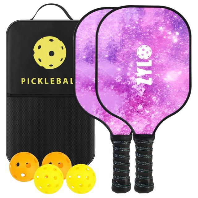 パープル（ガラス繊維） zylo ピックルボール ラケットセット 軽量 ガラス繊維 グラスファイバー ２個セット ボール４個付き 屋内室外兼用タイプ パドル 初心者 収納キャリーバッグ付き 耐久性 競技用ラケット 人体工学に基づくデザイン（パープル）