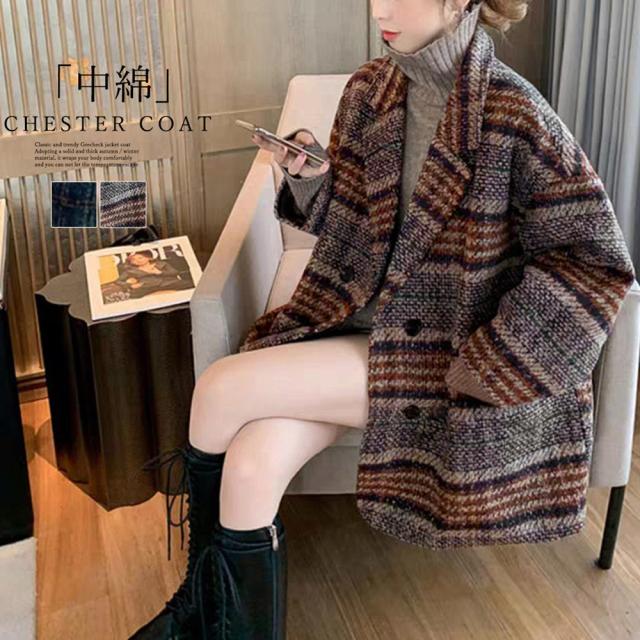 コート チェック柄 チェスターコート レディース 中綿 ジャケットコート 秋冬 厚手 オーバーコート 防寒 アウター 暖かい 韓国ファッション レディースファッション