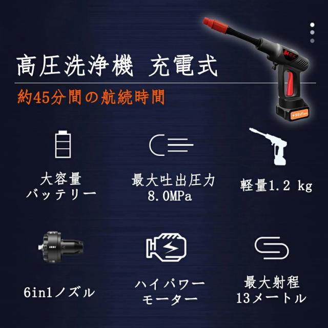 高圧洗浄機 充電式 コードレス ポータブル 6in1多機能噴射ノズル 吐出圧力8Mpa マキタバッテリ交換可能 ペットボトル対応 持ち運びらくらく 角可変/マチルノズル付き 洗車機 ポータブル コンパクト 洗車タオル/折りたたみバケツ付き 強力噴射 家庭用 業務用 自吸式 PSE認証 高圧洗浄機 充電式 コードレス ポータブル 6in1多機能噴射ノズル 吐出