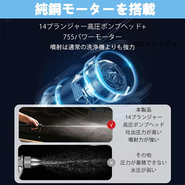 高圧洗浄機 充電式 コードレス ポータブル 6in1多機能噴射ノズル 吐出
