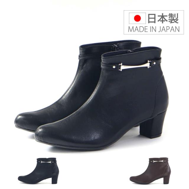 レディース ブーツ バックルデザイン サイドゴアブーツ ショートブーツ サイドファスナー 疲れにくい 歩きやすい ポインテッドトゥ シンプル チャンキーヒール 太ヒール 日本製 ディアギャラリー DEAR GALLERY
