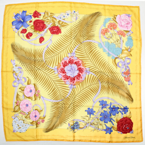 【SAランク】 エルメス HERMES スカーフ カレ90 シルク Fleurs de L'Opera オペラの花 フラワー 花柄 バンダナ 大判 ショール レディース メンズ ユニセックス 黄色 赤 イエロー ピンク レッド マルチカラー 極美品 中古 r2021779