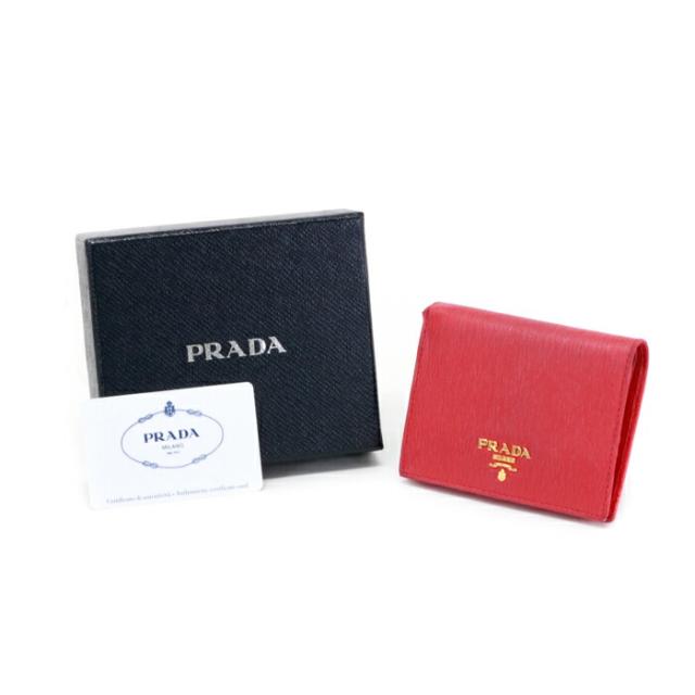 【Bランク】 プラダ PRADA 二つ折り財布 サフィアーノ (レザー) GD金具 1MV204 コンパクトウォレット カードケース レディース レッド 中古 mao06016