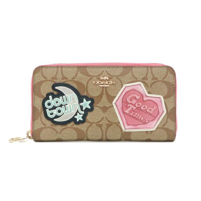 コーチ COACH ディスコ パッチ アップリケロング ジップアラウンド ウォレット PVC / レザー シグネチャー ハート パッチワーク C6995 長財布 ラウンドファスナー ロングウォレット レディース ベージュ / ピンク 中古 maq19020