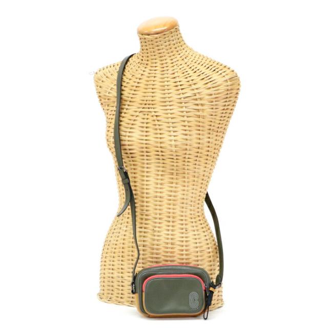 コーチ COACH ミニ エッジ ダブル ポーチ クロスボディ ウィズ コーチ パッチ スムース カーフレザー 5798 ショルダーバッグ クロスボディ 斜め掛け 肩掛け カメラバッグ ポシェット メンズ レディース ユニセックス オリーブ (カーキ) / オレンジ 美品 中古 mat25004