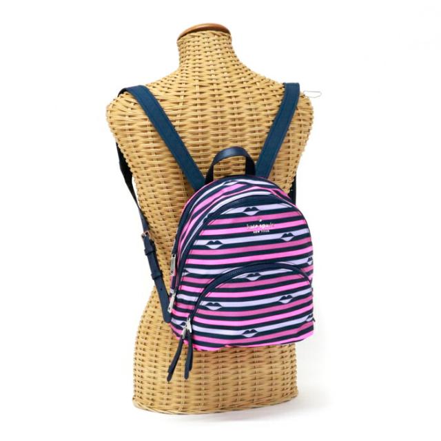 ケイトスペード Kate Spade カリッサ バックパック ナイロン レザー リップ プリント ボーダー 柄 WKRU6587 リュック バッグ レディース ピンク / パープル / マルチカラー 美品 中古 mav13011