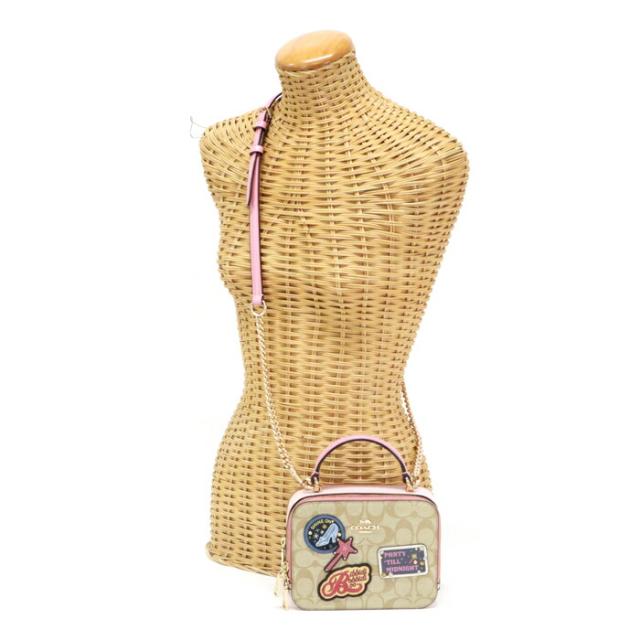 コーチ COACH ボックス クロスボディ ウィズ パッチ PVC / レザー シグネチャー カラーブロック ディズニー コラボ C1434 トップハンドルバッグ 2WAYバッグ 肩掛け ハンドバッグ チェーンショルダー レディース ライトカーキ (ベージュ) / マルチ / ピンク 中古 may06017