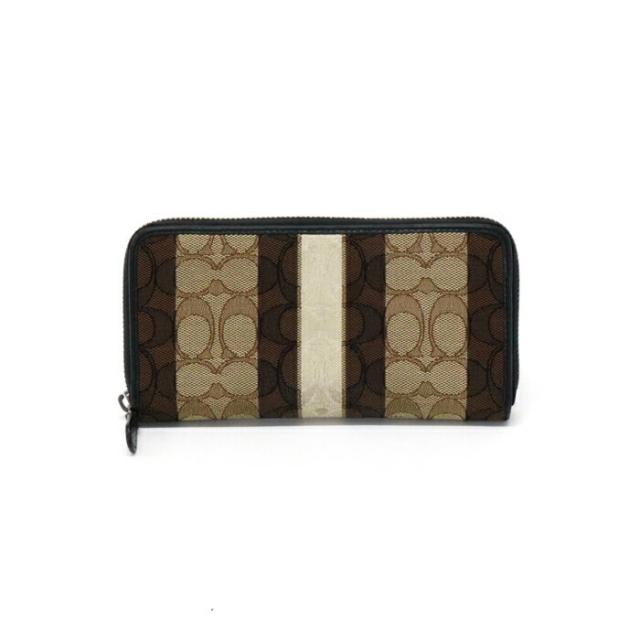 コーチ COACH アコーディオン ウォレット キャンバス / レザー シグネチャー / ストライプ C5448 長財布 ラウンドファスナー ロングウォレット レディース メンズ ベージュ / ブラウン / ブラック 中古 may21001