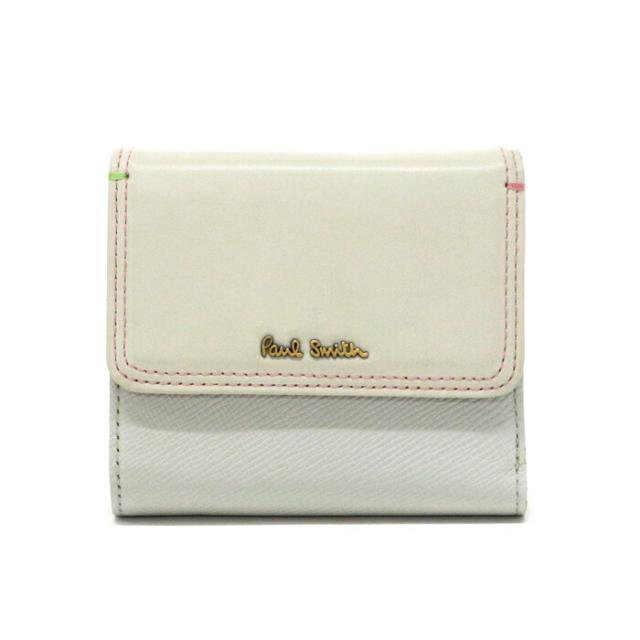 ポールスミス Paul Smith トリフォールドウォレット エンボスド レザー PWU583 三つ折り財布 かぶせ蓋 ミディアムウォレット レディース アイボリー 中古 may21006