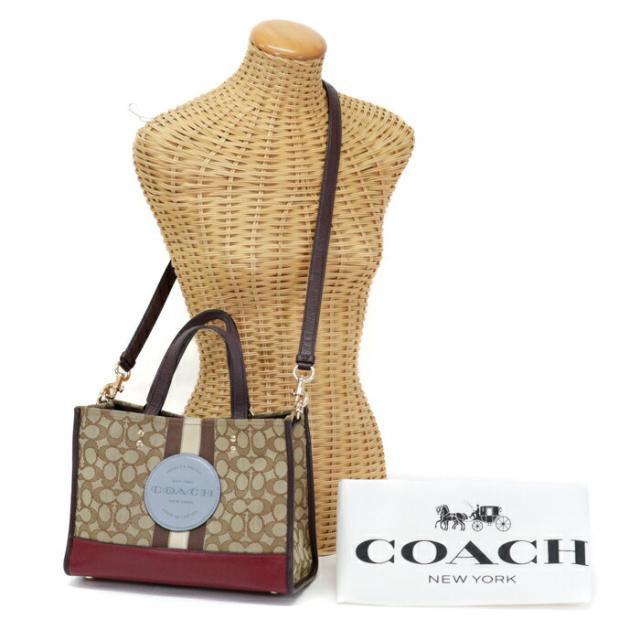コーチ COACH デンプシー キャリーオール シグネチャー ジャカード ストライプ アンド コーチ パッチ キャンバス / リファインド ぺブル レザー 4113 ハンドバッグ 手提げかばん 2WAYバッグ レディース ベージュ / バーガンディ / パープル 中古 maz25004