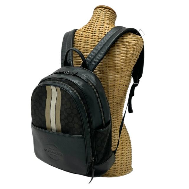 コーチ COACH バックパック レザー / キャンバス シグネチャー ストライプ C5389 リュック デイパック バッグ メンズ ブラック / ベージュ 中古 maz30005