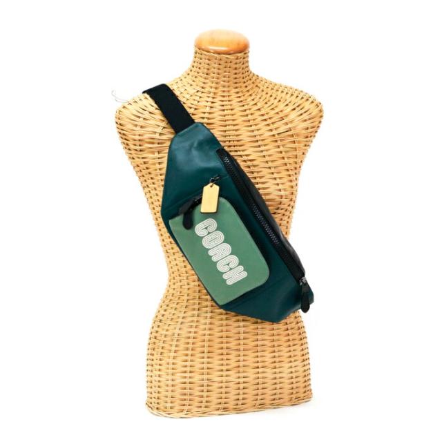 【Aランク】 コーチ COACH トラック ベルト バッグ カラーブロック ウィズ コーチ パッチ ロゴ スムース カーフ レザー C6653 ボディバッグ クロスボディ ショルダーバッグ 斜め掛け スリングバッグ メンズ レディース カーキ / グリーン / ブラック 美品 中古 mbb05007