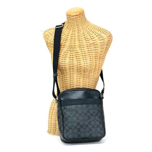 コーチ COACH ヒューストン フライトバッグ PVC / レザー シグネチャー F71764 ショルダーバッグ クロスボディ 斜め掛け 肩掛け ポシェット メンズ グレー / ブラック 中古 mbb05006