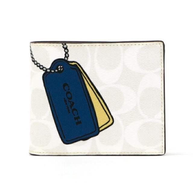 コーチ COACH 3 IN 1 ウォレット シグネチャー キャンバス トロンプルイユ プリント PVC レザー CH085 二つ折り財布 ミディアムウォレット コンパクトウォレット パスケース付き メンズ レディース アイボリー / ブルー 中古 mbb19013